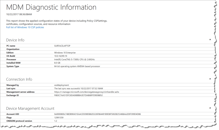 What is new in MDM diagnostic in Windows 10 1709 – Cloud First